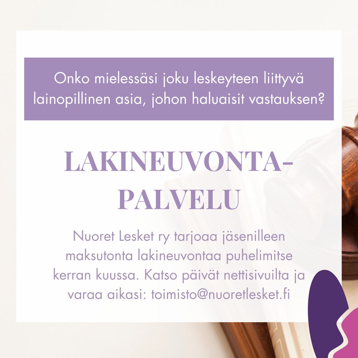 Syksyn 2025 lakineuvonnan ajat julkaistu! - Nuoret Lesket ry